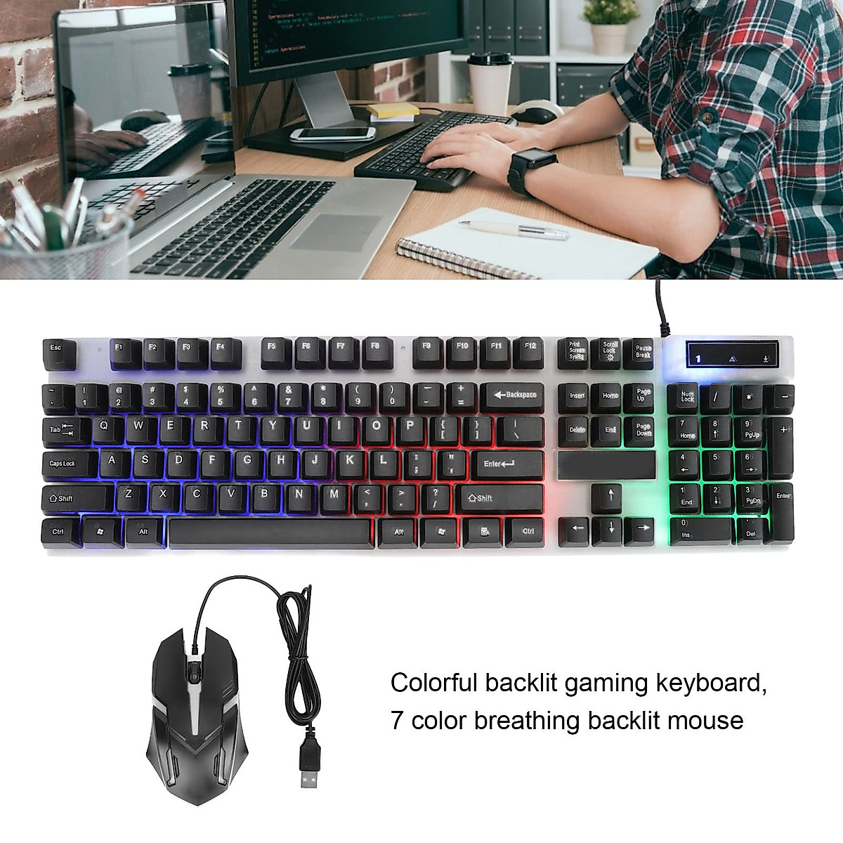 Hilitand Backlit Gaming Keyboard and Mouse Combo, USB Wired Computer Keyboard Mouse Game Set, 104 Keys, 7 Colors Breathing Light Keyboard Mouse for PC/Laptop(Black)