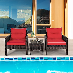 RELAX4LIFE 3-Piece Patio Furniture Set, PE Rattan Wicker Outdoor Conversation Set w/Glass Top Coffee Table & Thick Cushions for Deck Porch Balcony Garden, Bistro Table and Chairs Set of 2 (Red)