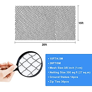 Pond Netting, 15 x 20 FT Pond Net Heavy Duty Pond Netting for Koi Ponds, Garden Pool Fine Mesh Netting Kit for Leaves, Protects Koi Fish from Birds Cats Predators, with 14 Stakes and 30 Cable Zip Ties