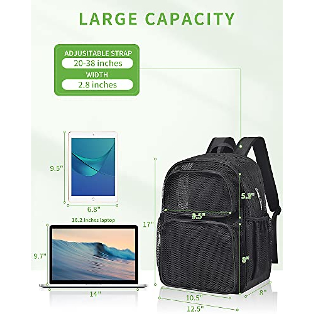 MAY TREE Mesh Backpack for School with Inner Laptop Compartment, Heavy Duty Mesh Backpacks for Adults Girls Boys Kids with Padded Shoulder Straps, Large Mesh Backpack for Travel Beach Hiking - Black