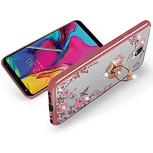 LG Stylo 5 Case,Glitter Crystal Butterfly Heart Floral Cute for Girls Women,Stylo 5 Plus/Stylus 5/LG Stylo 5V/LG Stylo 5X Case Slim Soft TPU Clear Case with Ring Stand for LG Stylo 5 (Rose Gold)