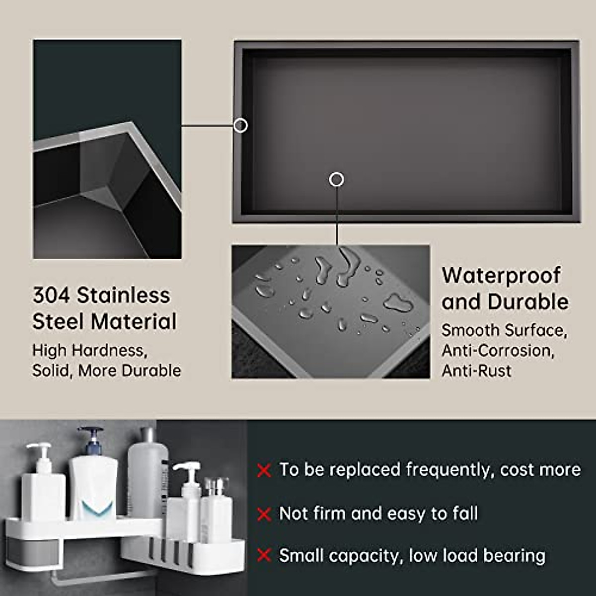 DAYONE Rectangular Stainless Steel Matte BlackShower Niche 24" X 12", Bathroom Wall Soap Niche, Alcove Douche De niche Salle De Bain, Shower Storage Organizer Nook Insert, NO Tile Needed