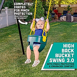 Premium High Back Full Bucket Toddler Swing Seat with Finger Grip, Plastic Coated Chains and Carabiners for Easy Install - Green - Squirrel Products