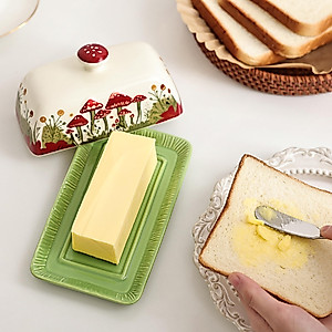 Fungi Fun Mushroom Butter Dish With Lid For Countertop Ceramic Butterdish, Red Mushroom Butter Container, Butter Tray Large Butter Dish Covered (White, Standard)