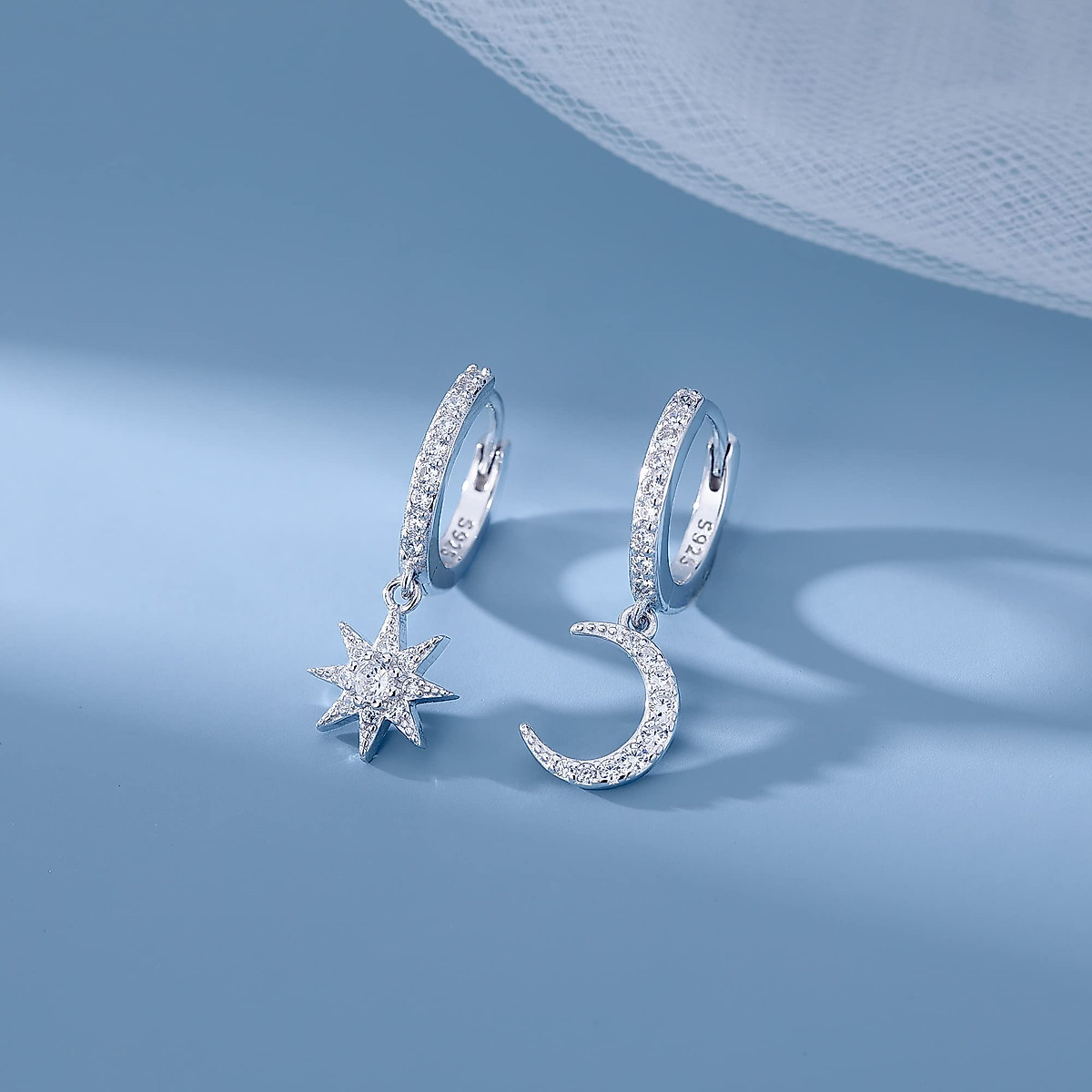 SLUYNZ 925 Sterling Silver Sparkling CZ Star Moon Small Hoop Earrings for Girls Women Asymmetric Star Moon Huggie Earrings (A-Silver)