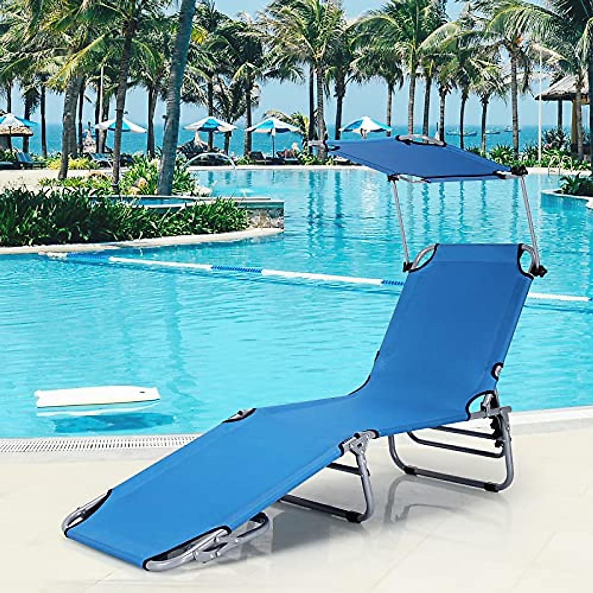 GYMAX Beach Chair with Canopy Shade, Folding Tanning Lounge with Adjustable Backrest, Carry Handle & Side Pocket, Sunbathing Chair for Outside, Patio, Poolside, Lawn (1, Navy)