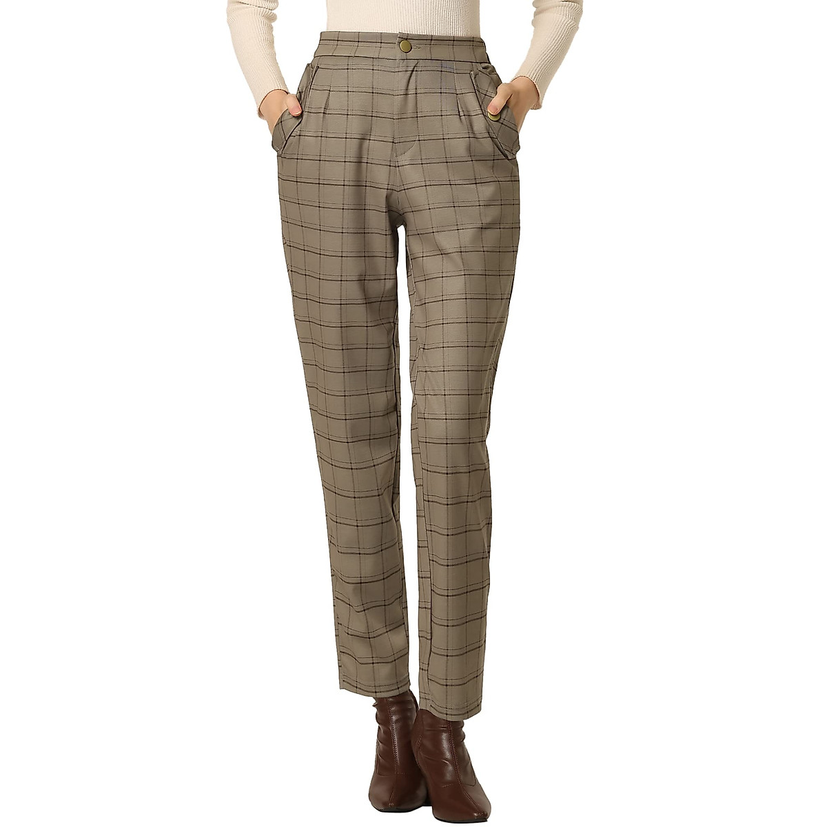 Allegra K Women's Easter Vintage Tartan Plaid Pants Elastic Waist Straight Long Trousers Medium Camel