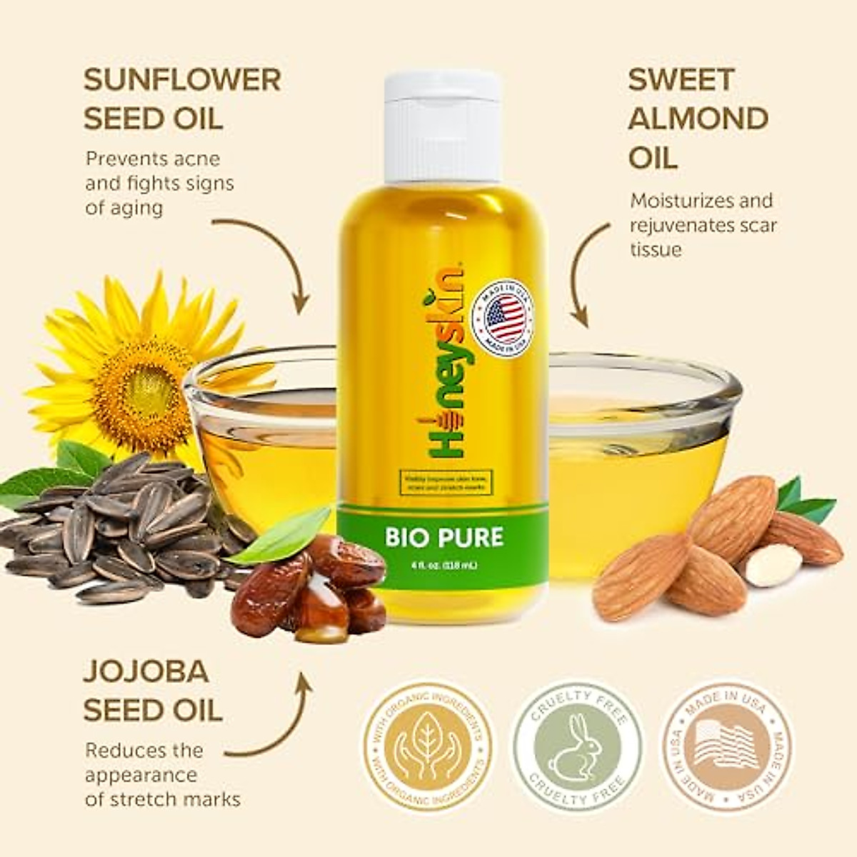 Bio Pure Skincare Oil - Moisturizer for Dry Skin - Pregnancy Stretch Mark Prevention - Oil for Scars - Stretch Mark Treatment with Sweet Almond for skin (4oz)