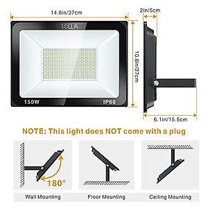 SOLLA 150W LED Flood Light, IP66 Waterproof, 12000lm, 800W Equivalent, Super Bright Outdoor Security Lights, 3000K Warm White, Outdoor Floodlight for Garage, Garden, Lawn and Yard