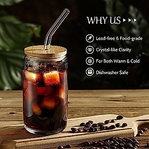 [ 12pcs Set ] Glass Cups with Bamboo Lids and Glass Straw - Beer Can Shaped Drinking Glasses, 16 oz Iced Coffee Glasses, Cute Tumbler Cup for Smoothie, Boba Tea, Whiskey, Water - 4 Cleaning Brushes