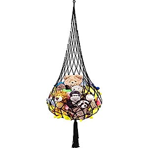 Stuffed Animal Net Or Hammock, Toy Net For Stuffed Animals, Stuffed Animal Holder With Hooks, Large Hammock For Stuffed Animals, Hanging Corner Stuffed Animal Organizer For Kids Bedroom Playroom Black