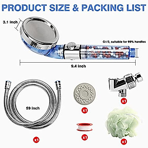 Shower Head with Handheld, HBESTIE Filtered Shower Heads High Pressure with Hose and Holder, Shower Spray Filter Set for Hard Water, Jet Filter Showerhead, Purifying Filtration Mineral Stone Beads