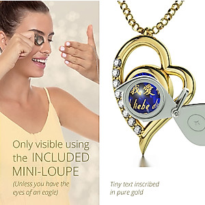 NanoStyle Gold Plated Silver I Love You Necklace in 12 Languages Anniversary Heart Pendant with Cubic Zirconia Gemstones Inscribed in Pure Gold onto a Dark Blue Crystal, 18" Rolo Chain