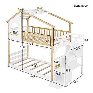 Stairway House Bunk Beds for Kids ,Floor Bunk Beds Twin Over Twin , Wood Bunk Beds with Storage Stairs , Toddlers Bunk Beds with Roof, Window for Girls, Boys , Natural Bed +White Stair