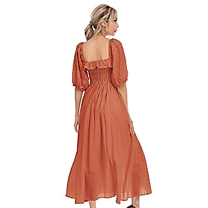R.Vivimos Women Summer Half Sleeve Cotton Ruffled Vintage Elegant Backless A Line Flowy Long Dresses (Medium, Orange#1)