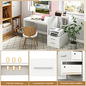 Tangkula White Desk with 2 Storage Drawers & Bookshelf, Home Office Desk with Corner Bookshelf & Printer Stand, Small Writing Study Desk for Small Space, Modern Vanity Table for Bedroom (White)