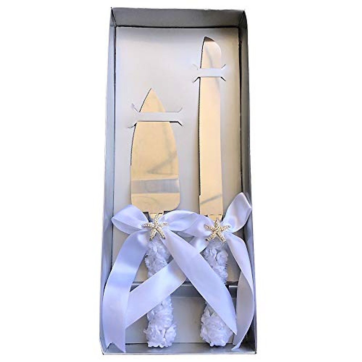 Abbie Home Wedding Cake Knife and Server Set - Flower Wrapped Handle with Silk Bow and Rhinestone Jewelry Décor (Starfish)