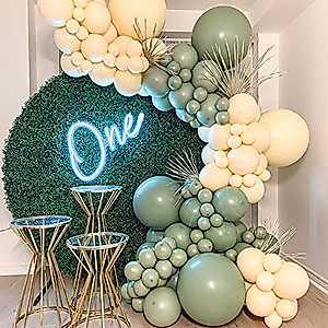 64 PCS Artificial Eucalyptus Leaves Stems Sage Green Blush Balloons, 12 Inch Sage Green Blush Nude Balloons with Artificial Eucalyptus for Baby Bridal Shower Birthday Safari Party Decoration