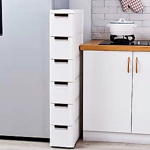 7.48in Slim Rolling Drawer on Wheels Narrow Storage Cabinet Cart with 5 Drawers, Thin Standing Shelf Units 5-tier Plastic Rolling Drawer for Bathroom, Bedroom, Living Room