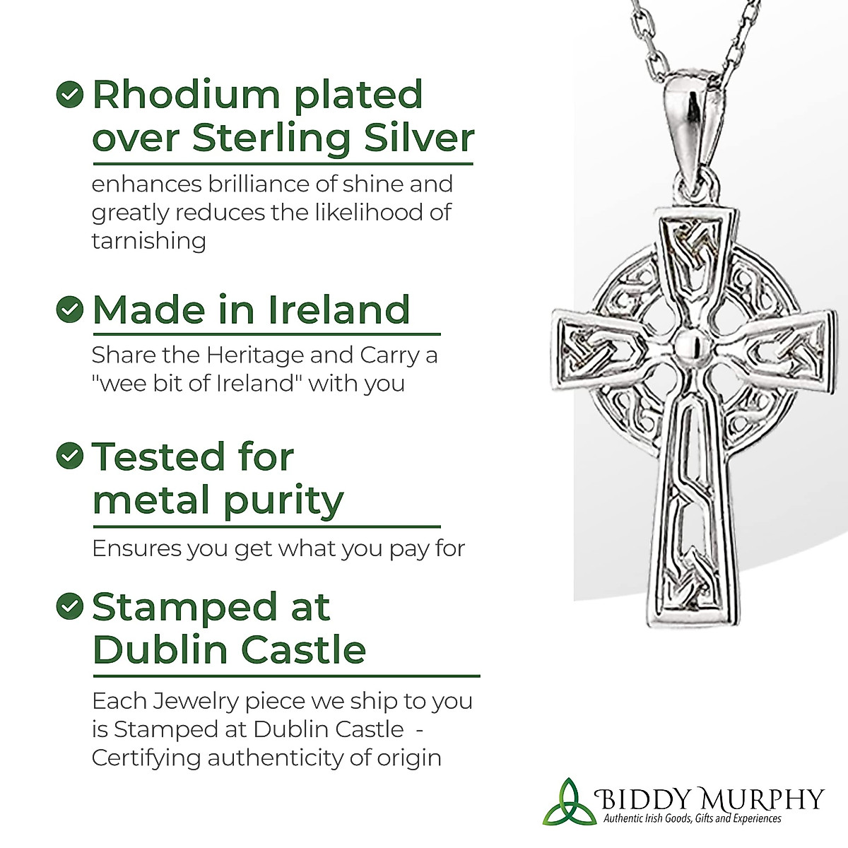 Biddy Murphy Irish Celtic Cross Pendant Necklace for Women, 925 Sterling Silver, Ornate Traditional Irish Jewelry, Small 7/8", 18" Length Crafted in Co. Dublin, Ireland