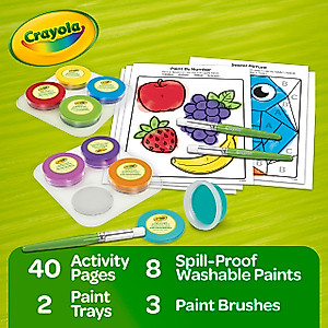 Crayola Spill Proof Paint Set (8ct), Washable Toddler Paint Kit, with Activity Pages, Kids Paint Brushes, Paint Pots, Ages 3+