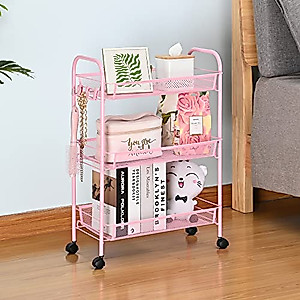 TOOLF 3-Tier Metal Rolling Cart, Mesh Wire Easy Assemble Utility Cart, Storage Trolley on Wheels with Hooks, Tiered Storage Shelving Organizer for Kitchen Bathroom Laundry Room