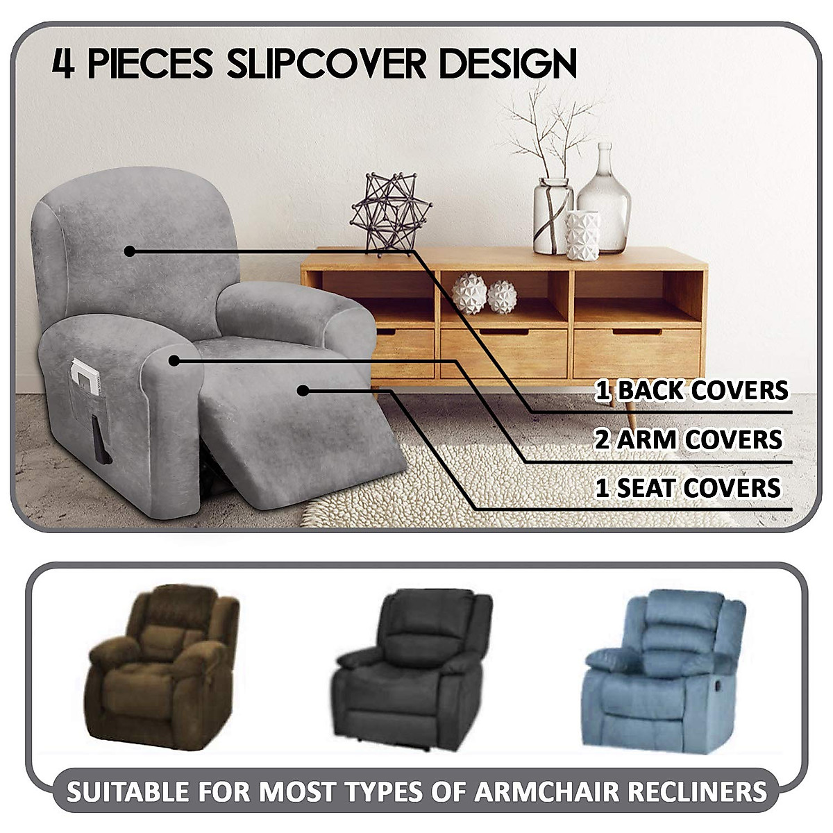 ULTICOR 4-Piece, 1 Seat Recliner Cover, Velvet Stretch Reclining Chair Covers for 1 Cushion Reclining Sofa, Single Seat Recliner Couch Cover, Thick, Very Soft, Machine Washable (Light Grey)