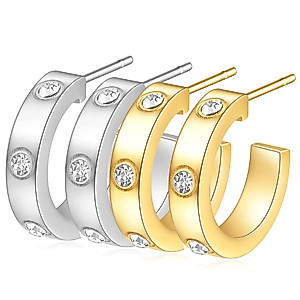 VQYSKO Love Friendship Earrings Gifts for Women Teen Jewelry Gold and Silver Hoop Earrings Stainless Steel Dainty Stud with Cubic Zirconia Stones Present for Her (Gold+Silver)