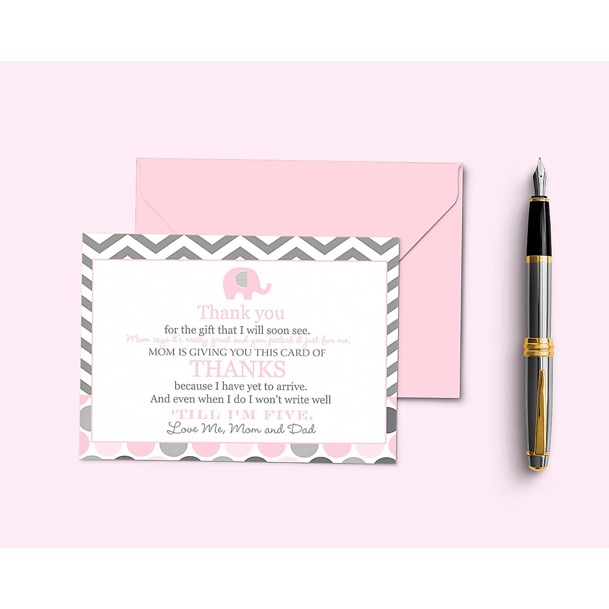 Pink Elephant Baby Thank You Cards, 15 Pack – Cute Baby Shower Notes with Envelopes Set, Prefilled Message, Customizable and Personalize Blank Stationery Royal Jungle, New Parents Gift Ideas