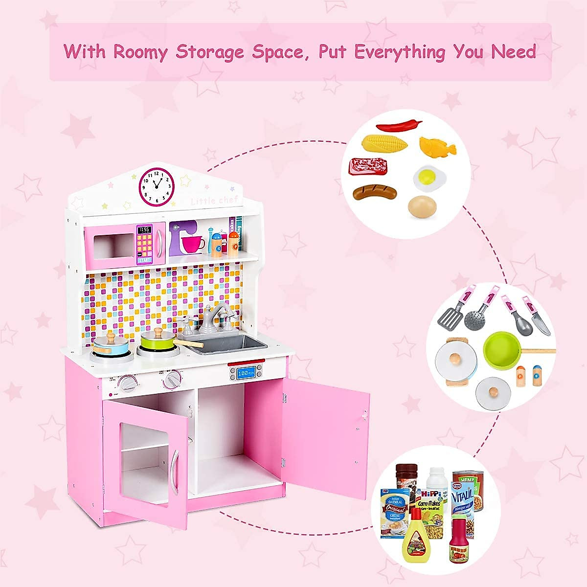 Fireflowery Kids Kitchen Playset, Wooden Cookware Set with Removable Sink, Pegs on The Wall, Microwave,Top Display Shelf, Play Kitchen for Toddlers 3+ (Pink)