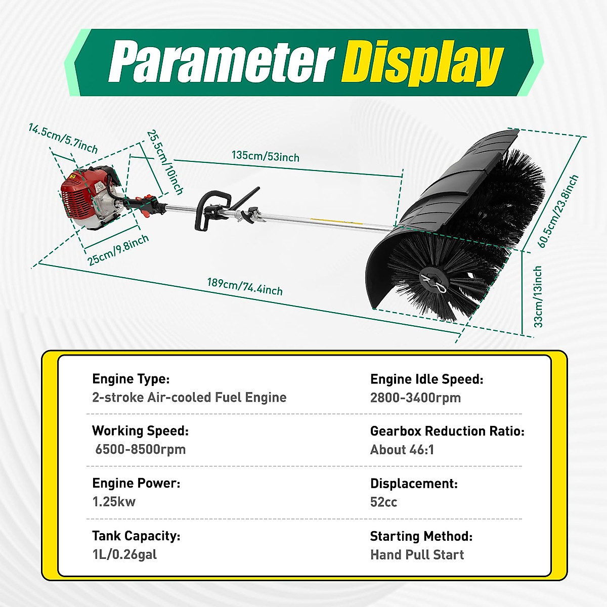 Artificial Grass Brush Power Broom, 52cc 2.3hp Sweeper Driveway Turf Lawns Handheld Sweeper,1700W Portable Power Sweeper Handheld Broom Sweeper Gasoline Engine Power Broom Brush Cleaner Tools