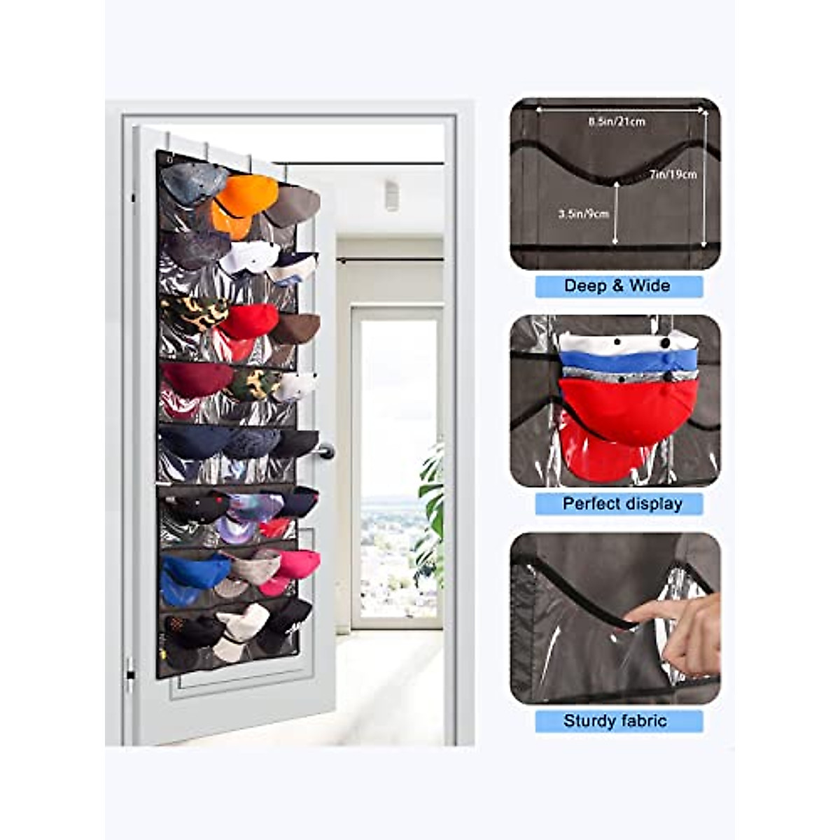 GOJUSO Hat Rack Wall Mount and 10 Adhesive Hat Hooks for Wall Over The Door with 4 Metal Hooks /4 Adhesive Hooks