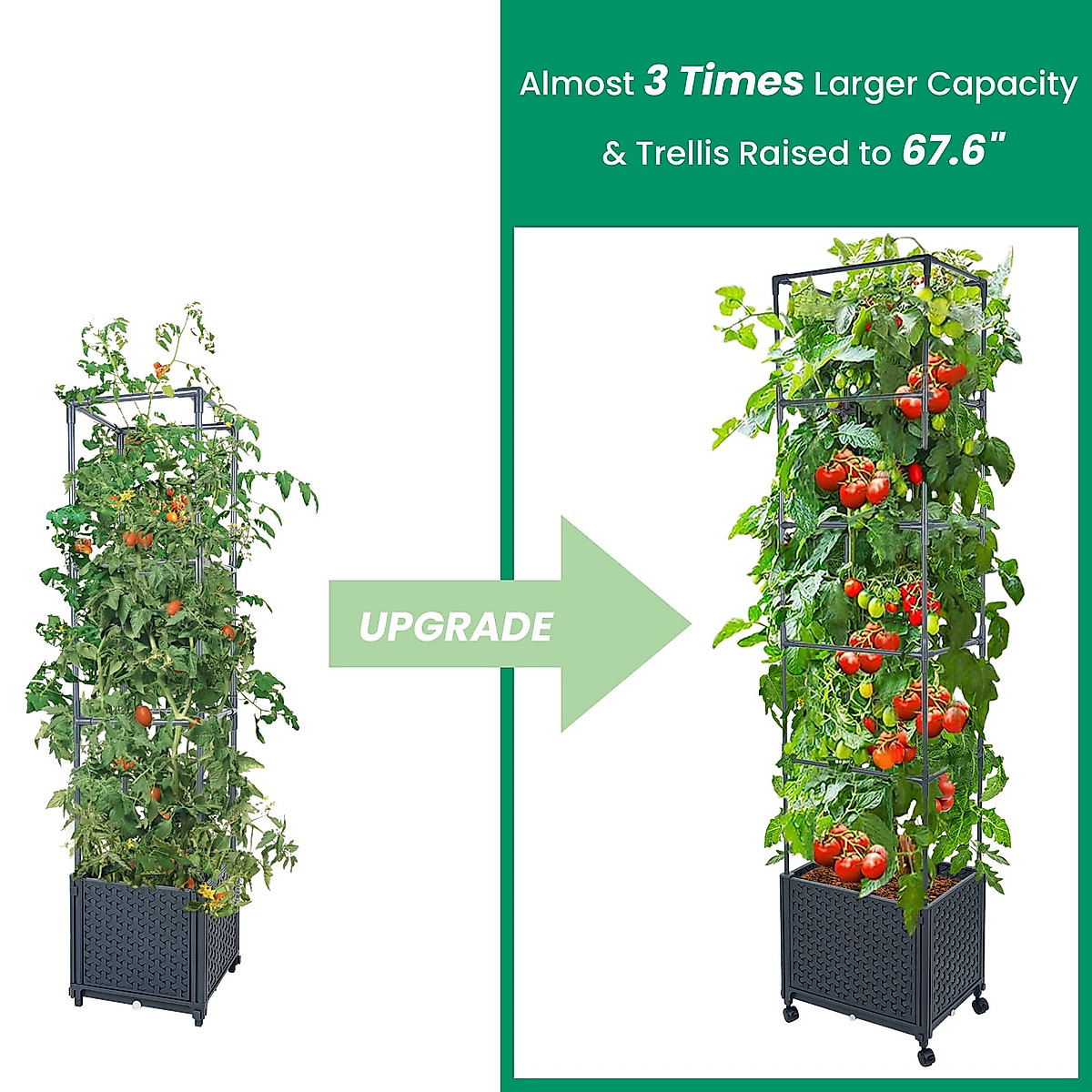 GREEN MOUNT Raised Garden Bed Planter Box with Trellis for Climbing Vegetables Plants, 67.6" Outdoor Tomatoes Planters Tomato Cage w/Wheels