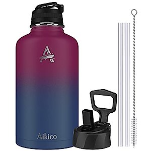 64oz Sports Water Bottle, Aikico Stainless Steel Water Bottle with Straw Lid, Double Vacuum Insulated Thermos Mug, Reusable Wide Mouth Flask Thermos for Hot and Cold Drinks(Rose)