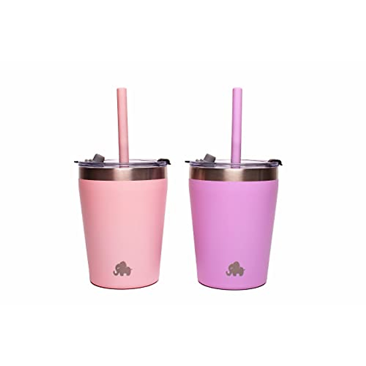 ELEFANT Kids & Toddler Cups (SET of 2), Stackable Stainless Steel Insulated Tumblers with BPA FREE Leak Proof Lids and Reusable Silicone Straws, Elegant, Powder Coated (PINK + PURPLE)