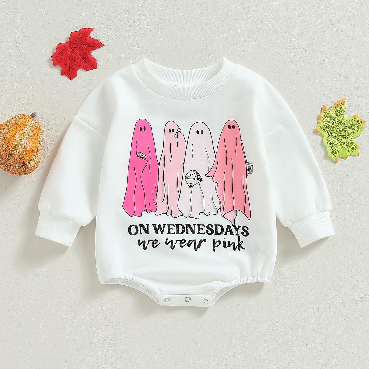 Karuedoo Halloween Baby Boy Girl Clothes Pumpkin Romper Sweatshirt Romper Crewneck Oversized Long Sleeve Bodysuit Outfit (On Wednesdays We Wear Pink, 0-3 Months)