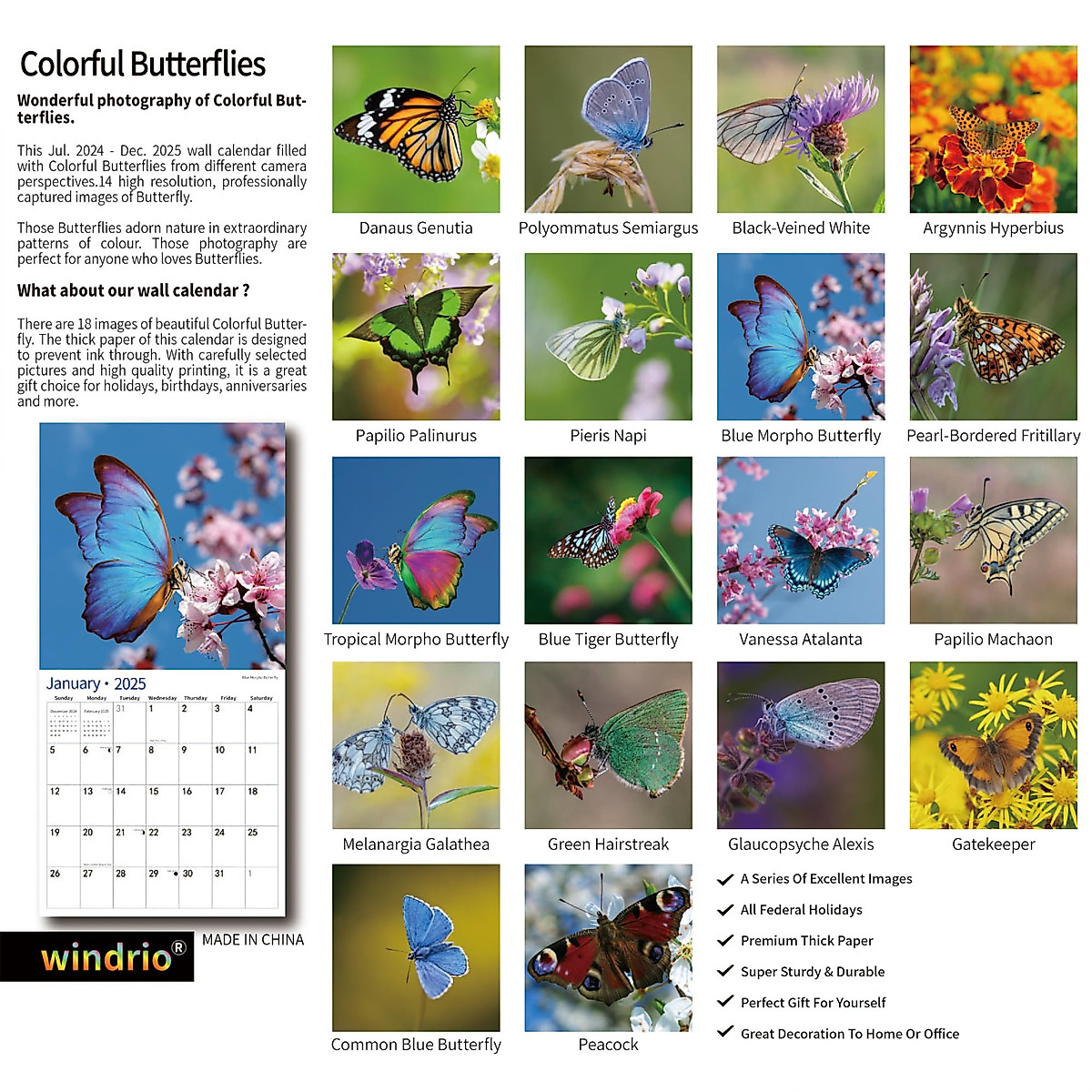2024 2025 Wall Calendar, 18 Months July 2024 - December 2025, Wall Calendar Colorful Butterfly, 12" x 24" Opened,Full Page Months Thick & Sturdy Paper for Gift Perfect Calendar Organizing & Planning