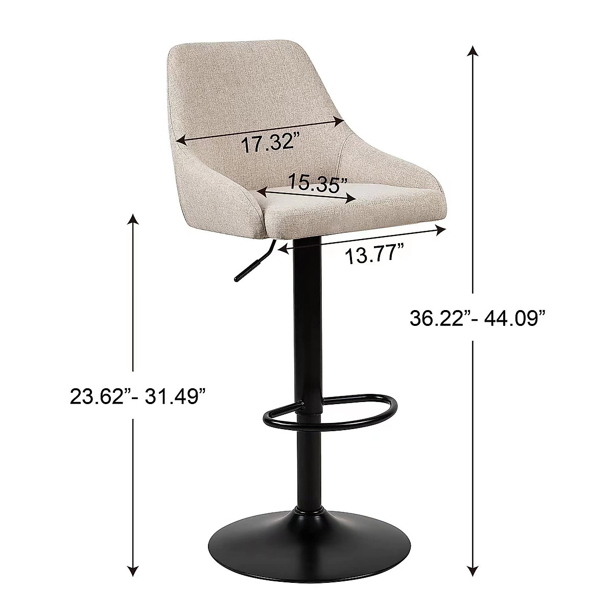 GIA Home Furniture Series Bar Height Adjustable and Swivel Metal Stool with Beige Linen Upholstered Seat, Black, Set of 2