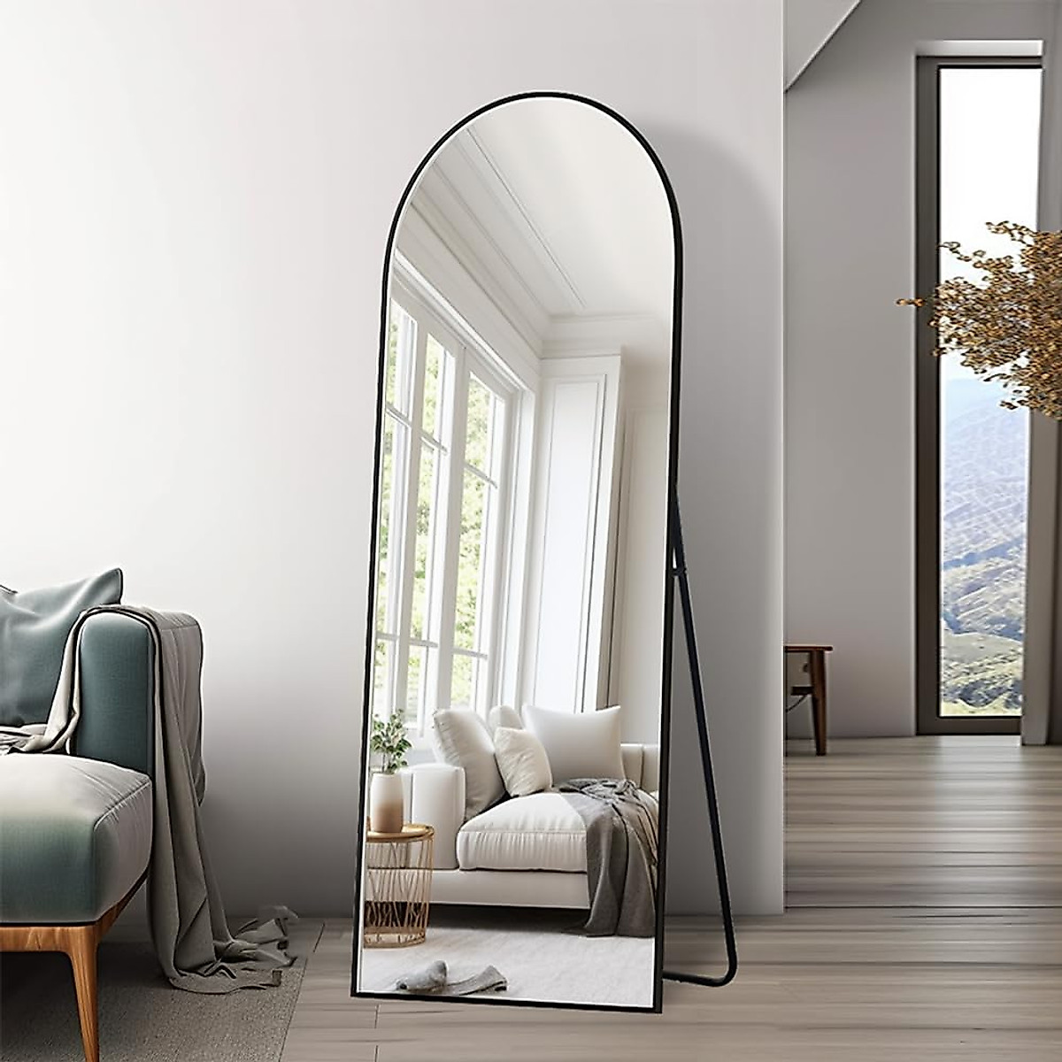 JAWGLOW Arched Full Length Mirror, 64 "x 21" Floor Mirror with Stand, Full Body Mirror with Aluminum Alloy Frame, Freestanding, Wall-Mounted or Leaning (Black)