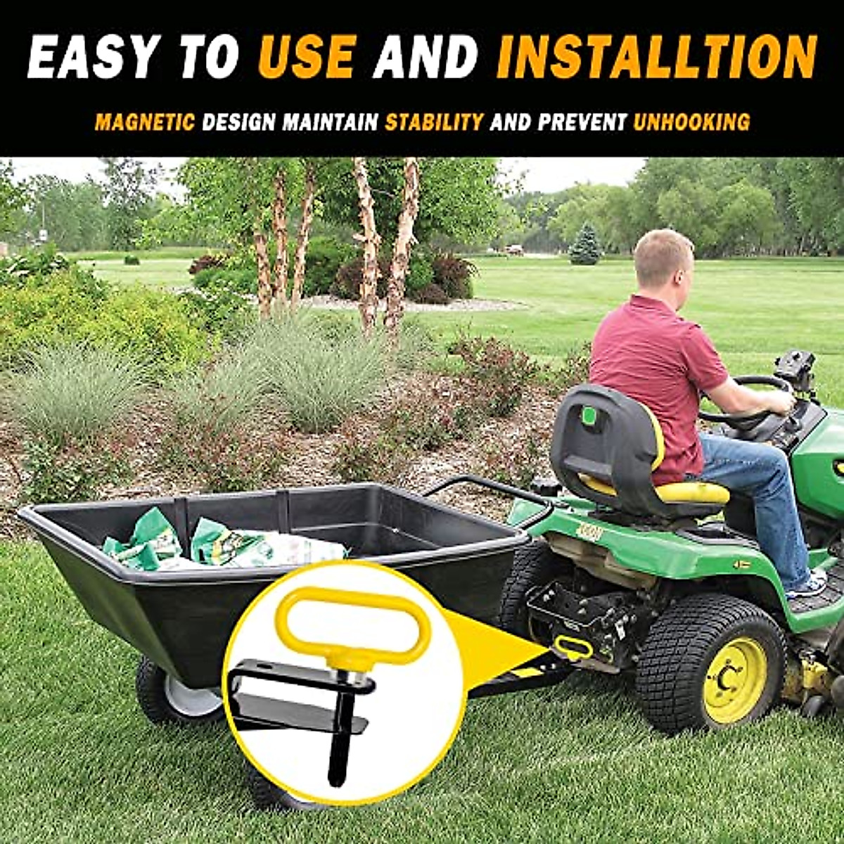 EilxMag Magnetic Hitch Pin, Lawn Mower Trailer Hitch Pins - Strong Heavy Duty Neodymium Magnet Trailer Gate Pin - for Utility Carts, Lawn Tractors - Simple One Handed Hook On & Off（Yellow, 2PCS）