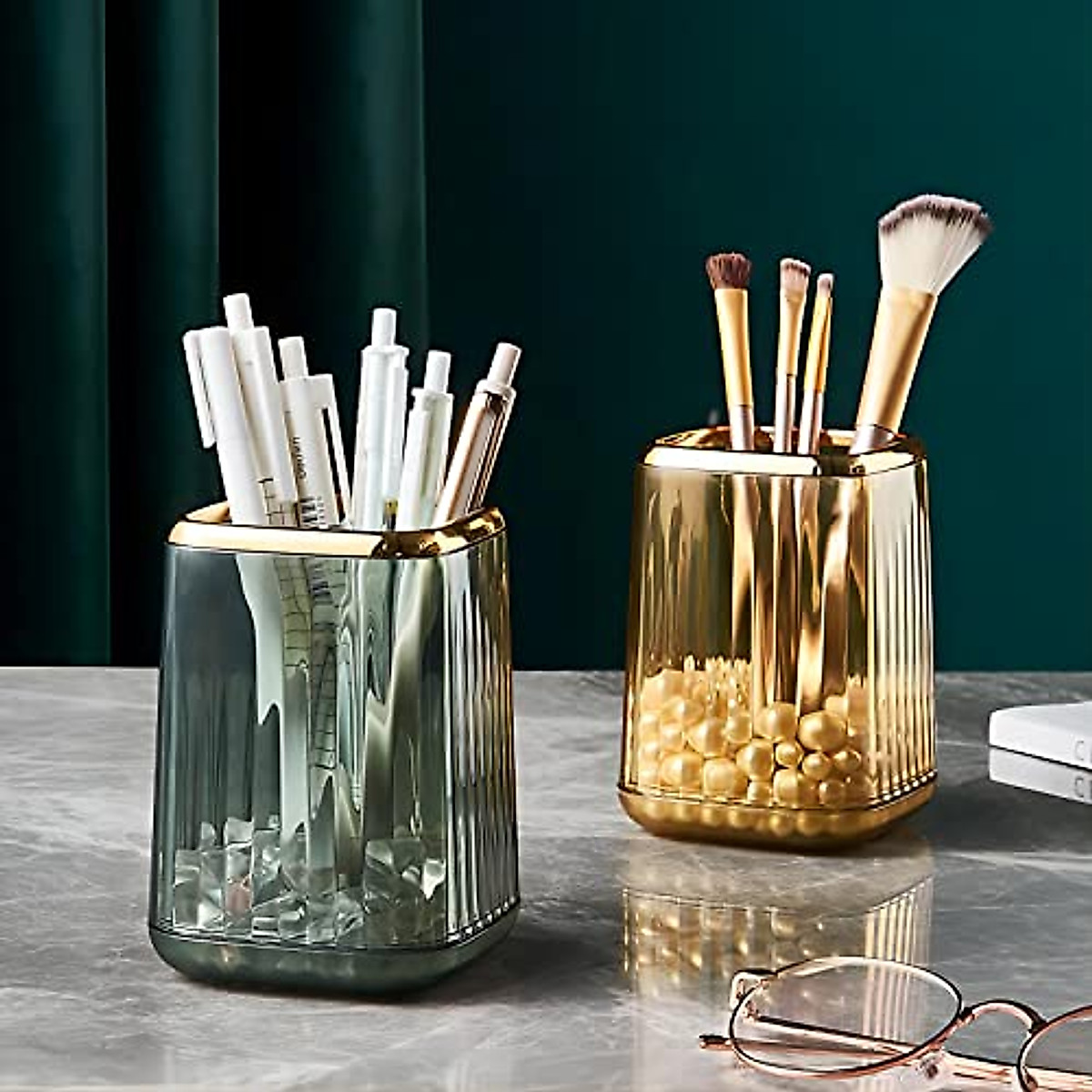 DASITON Makeup Brush Holder Organizer, Square Green Cosmetic Container Storage Holder , Vintage Stripe Make Up Brush Cup