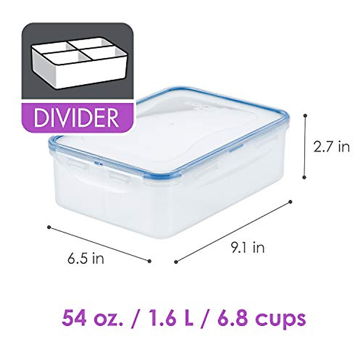 LOCK & LOCK Easy Essentials Food Storage lids/Airtight containers, BPA Free, Rectangle-54 oz-for Snacks (4 Section), Clear