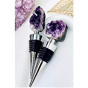 LUXE CRYSTAL CO. Natural Amethyst Teeth Raw Crystal Wine Stopper Bottle Gold Silver Handmade Wine Champagne Gifts for Her Bridal Shower Minimalist Decor (Silver)