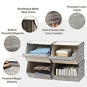Giantex Storage Bins Set of 4 Stackable Cubes Fabric Baskets w/Lid, Side Handles, Magnetic Linen Container Boxes for Toys, Clothes, Files Foldable Closet Organize Bags 15”x14”x10” (Gray)