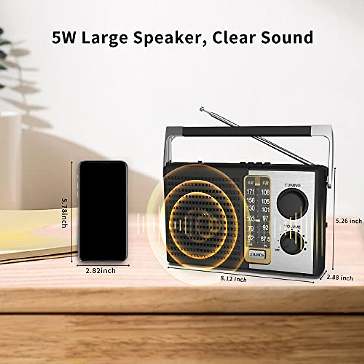 Yewrich AM FM Radio with Best Reception, Portable Battery Operated Transistor Radios, Headphone Jack, AC Powered, Suit for Senior and Home, Black
