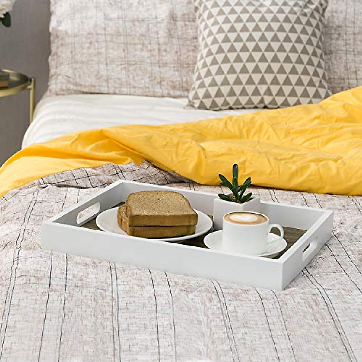 MyGift Decorative Natural Solid Wood Large Serving Tray with Handles, Nesting Breakfast Coffee Table and Ottoman Storage Tray, 16.5 x 11 Inch