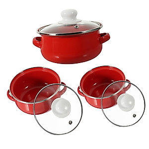 SHOWERORO 3pcs Enamel Pot Enamel Stockpot with Lid Soup Pot with Lid Small Pots for Cooking Quart Stock Noodle Pot Milk Pot Cookware Kitchen Pots With Cover Red Instant Noodle Pot
