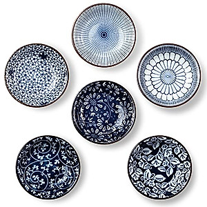 Eisinly Dipping Bowls, Soy Sauce Dish Ceramic, 3 OZ Small Serving Bowls for Side Dishes Vintage Blue Stylish Design, Set of 6 Mini Appetizer Plates for Condiment Sushi Ketchup BBQ Party, 4 Inch