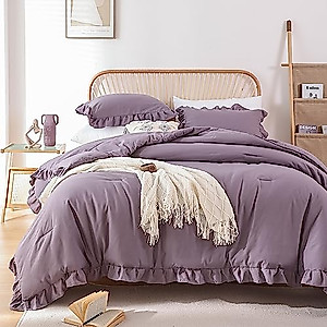 JANZAA Comforters Queen Size Grayish Purple Comforter Set Queen 3PCS(1 Ruffled Comforter Set and 2 Pillowcases) Shabby Chic Bedding Vintage Soft Fluffy Bed Set for All Season