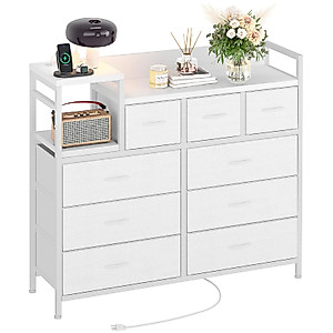 Jojoka TV Stand with Charging Station, Bedroom Dresser for Living Room TV Stand with 9 Drawers, White